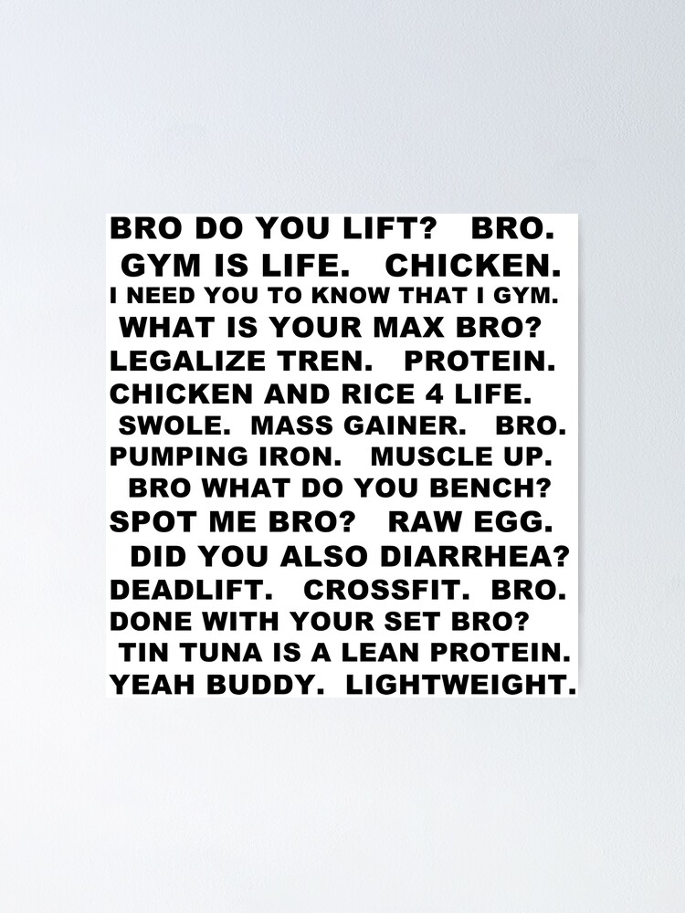 "Gym bro jokes" Poster for Sale by LukeRosenberg | Redbubble