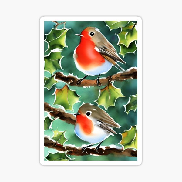 "Red breasted Robins on branches watercolor" Sticker for Sale by ...
