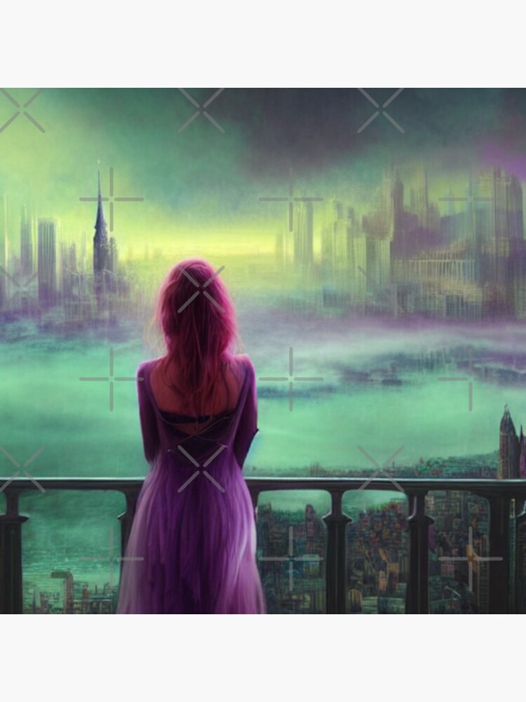"The beautiful woman above a city watches foggy buildings" Sticker for ...