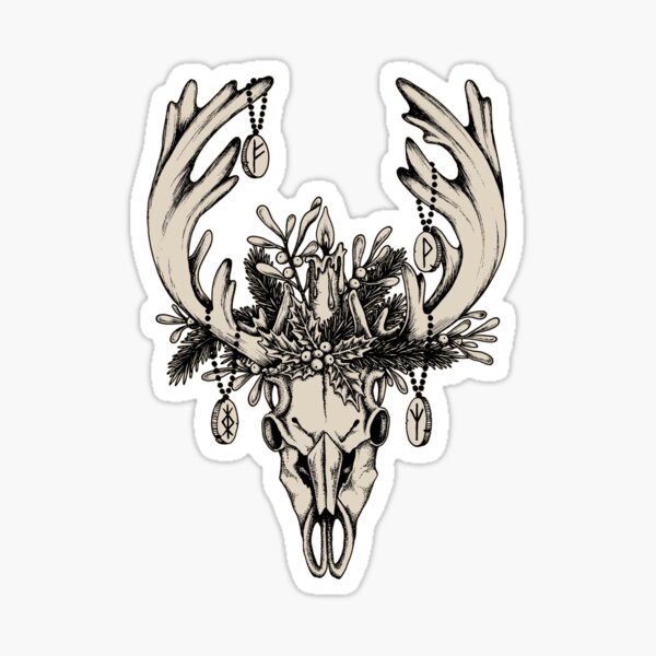 "Occult pagan Yule reindeer skull illustration w/ viking runes" Sticker ...