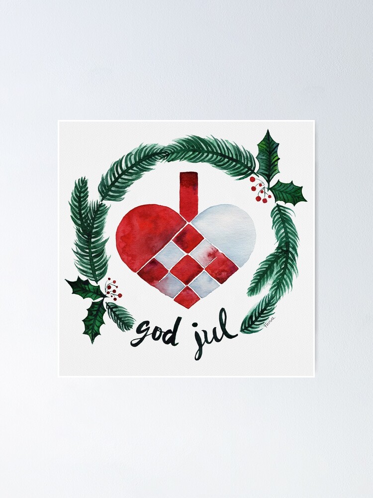 "god jul med julehjerte (dansk) - watercolor art" Poster for Sale by thrine | Redbubble