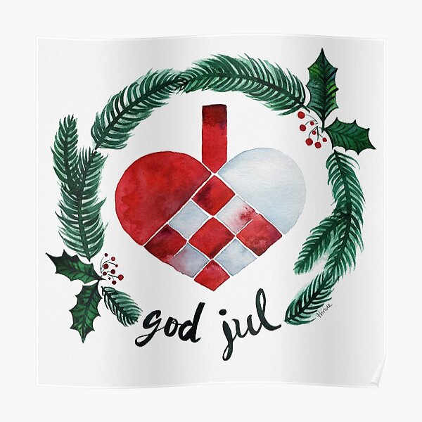 "god jul med julehjerte (dansk) - watercolor art" Poster for Sale by thrine | Redbubble
