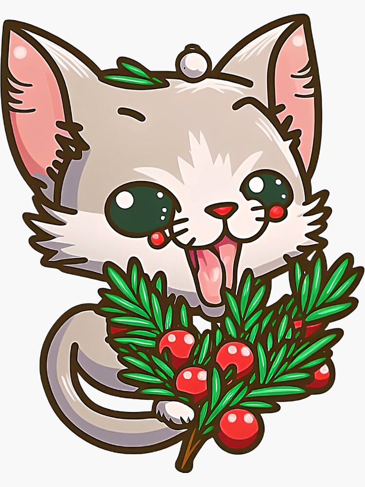 "Kawaii Cat eating Mistletoe" Sticker for Sale by kawAIigenerated ...