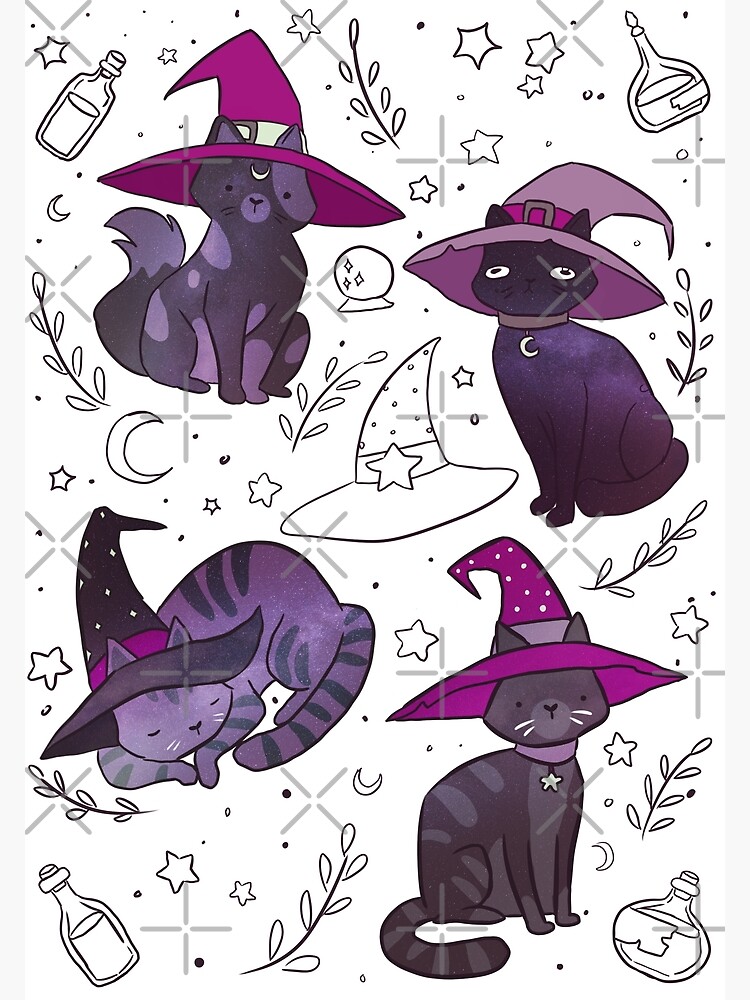 "Cute witch cats pattern with fantasy items doodles around" Poster for ...