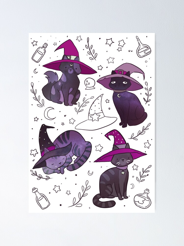 "Cute witch cats pattern with fantasy items doodles around" Poster for ...