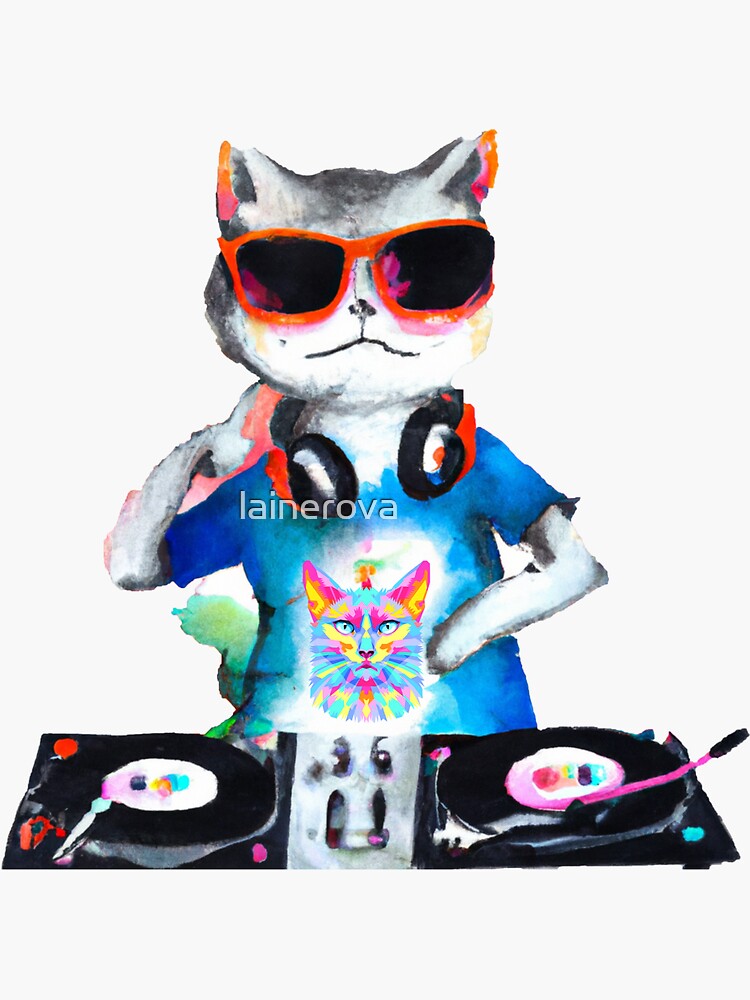 "DJ Cat With Wattercolor,Rainbow DJ Kitty" Sticker for Sale by ...