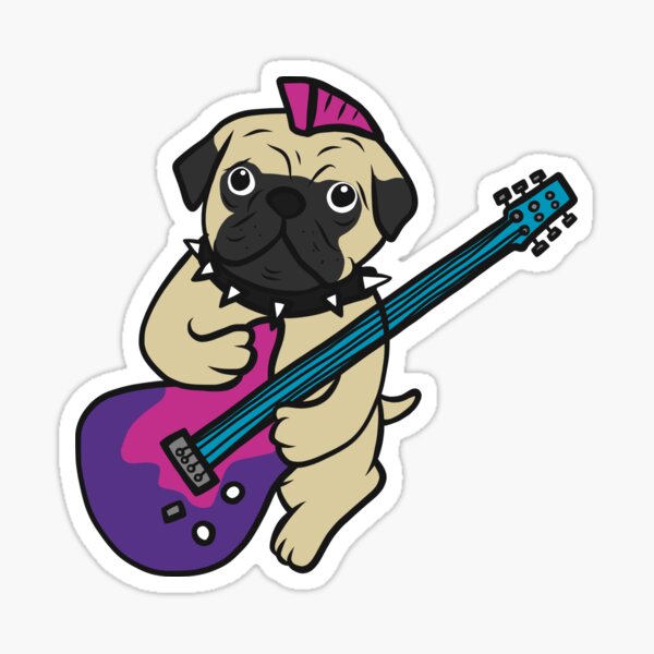"rocker pug dog playing guitar " Sticker for Sale by dreamingoutwest ...