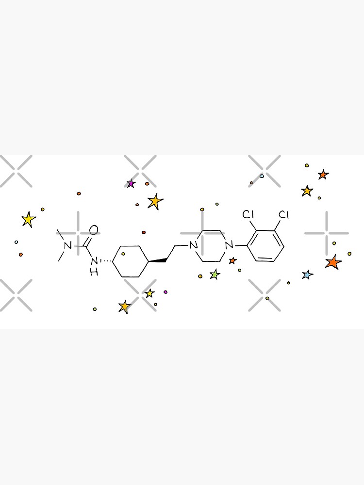 "Cariprazine (Vraylar) structural formula with rainbow stars" Poster ...