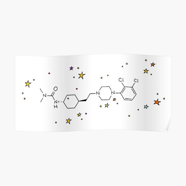 "Cariprazine (Vraylar) structural formula with rainbow stars" Poster for Sale by bipolaracademia ...
