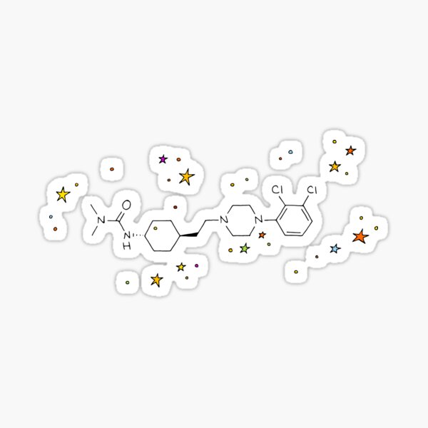 "Cariprazine (Vraylar) structural formula with rainbow stars" Sticker ...