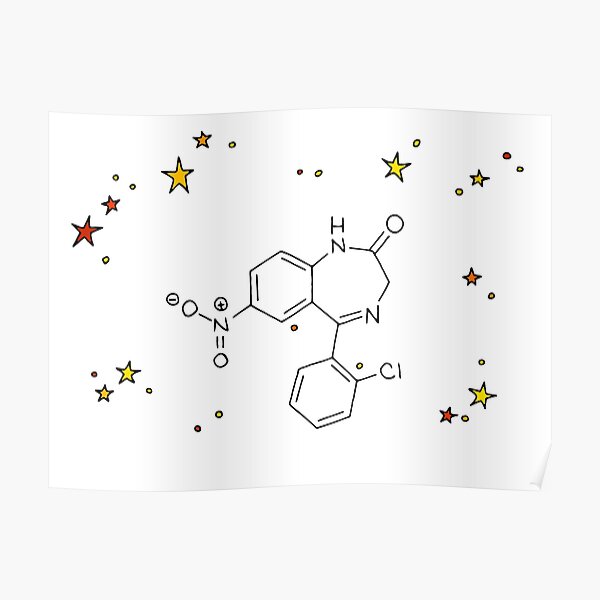 "Clonazepam (KlonoPIN, KlonoPIN Wafer) structural formula with red and yellow stars" Poster for ...