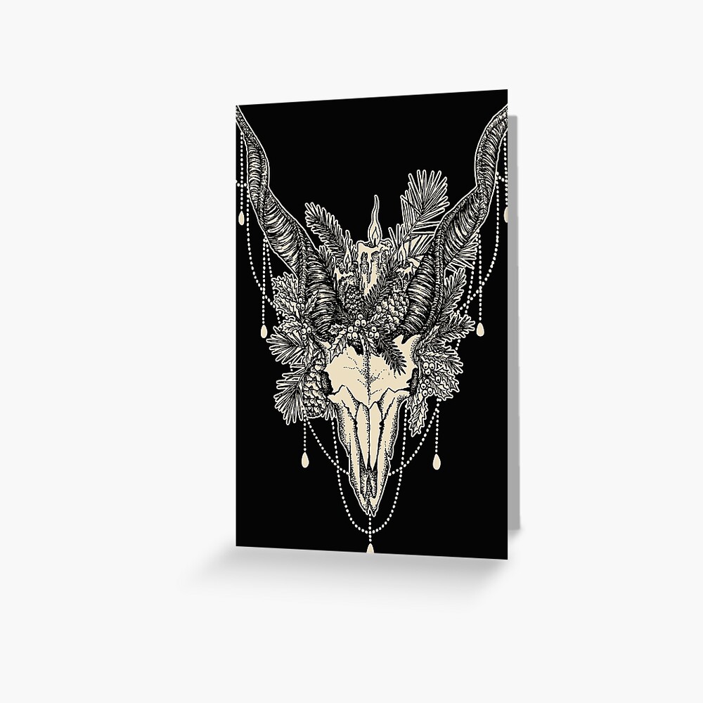 "Occult pagan Yule Gat skull illustration w/ pine, holly, and candles ...