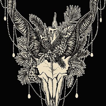 "Occult pagan Yule Gat skull illustration w/ pine, holly, and candles ...