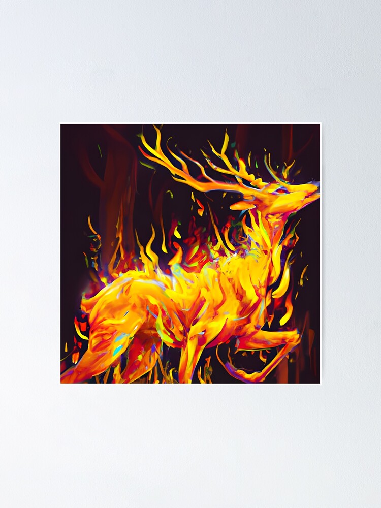 "AI Generated Art, Fire Deer Colourful Ink Drawing 7" Poster for Sale ...