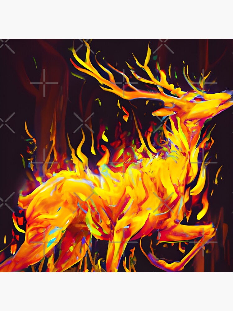 "AI Generated Art, Fire Deer Colourful Ink Drawing 7" Sticker for Sale ...