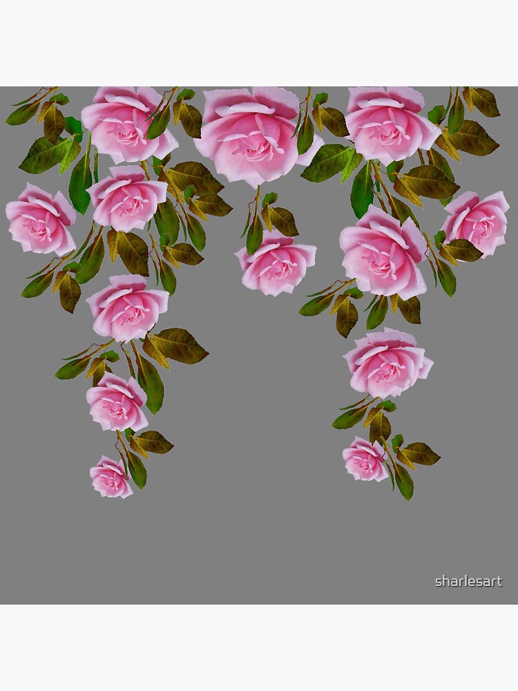 "PINK GARDEN ROSE TRAILING LEAVES DESIGN GREY ART " Sticker for Sale by ...