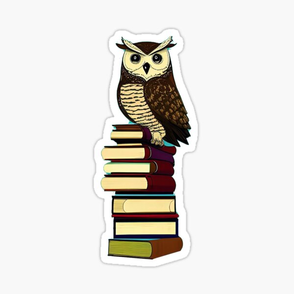 "Wise old owl on a stack of books library reading books" Sticker for ...