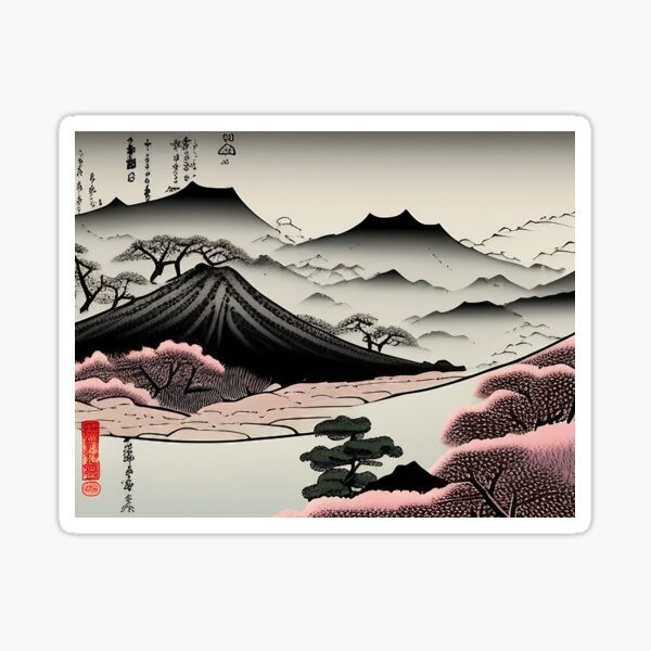 "Retro Beautiful Japanese Landscape with Mountains and Cherry Trees ...