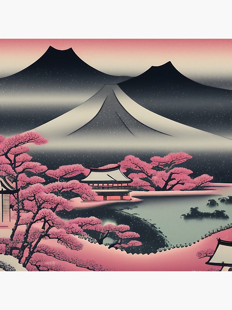 "Vintage Japanese Pink Cherry Trees and Mountains" Sticker for Sale by ...