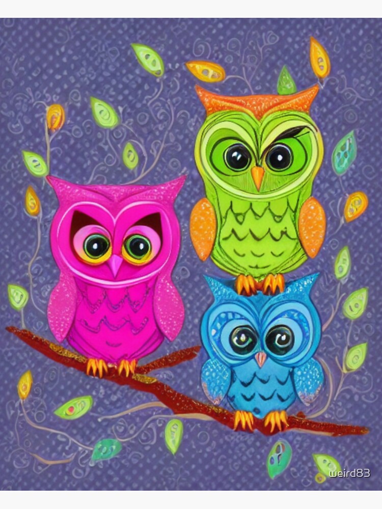 " Adorable owl family cute love birds nest branch limb feathers vibrant ...