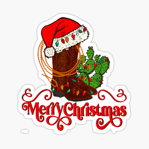 "Retro Merry Xmas Santa Hat Cowboy Boots Western Christmas" Sticker for ...