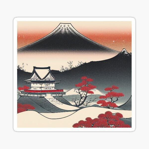"Japanese Temple and Fuji Mountain in Ukiyo-e Style" Sticker for Sale ...