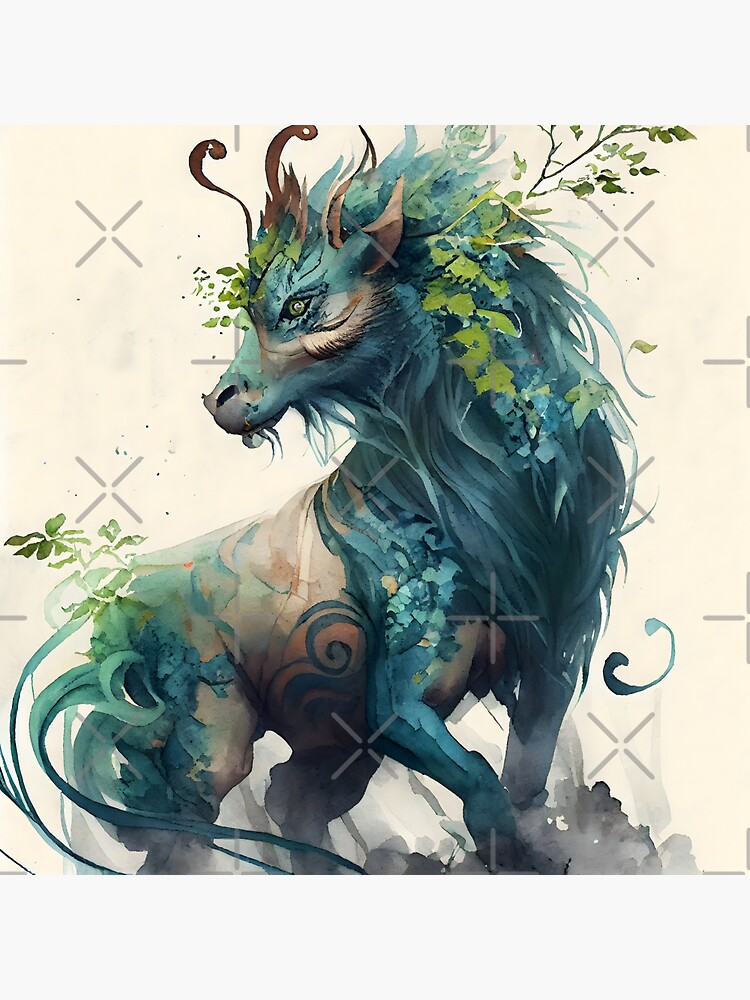 "Ancient Chinese Qilin Qirin Aqua Green and Beige Watercolor " Sticker ...