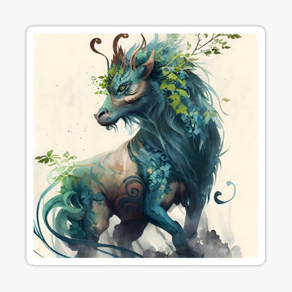 "Ancient Chinese Qilin Qirin Aqua Green and Beige Watercolor " Sticker ...