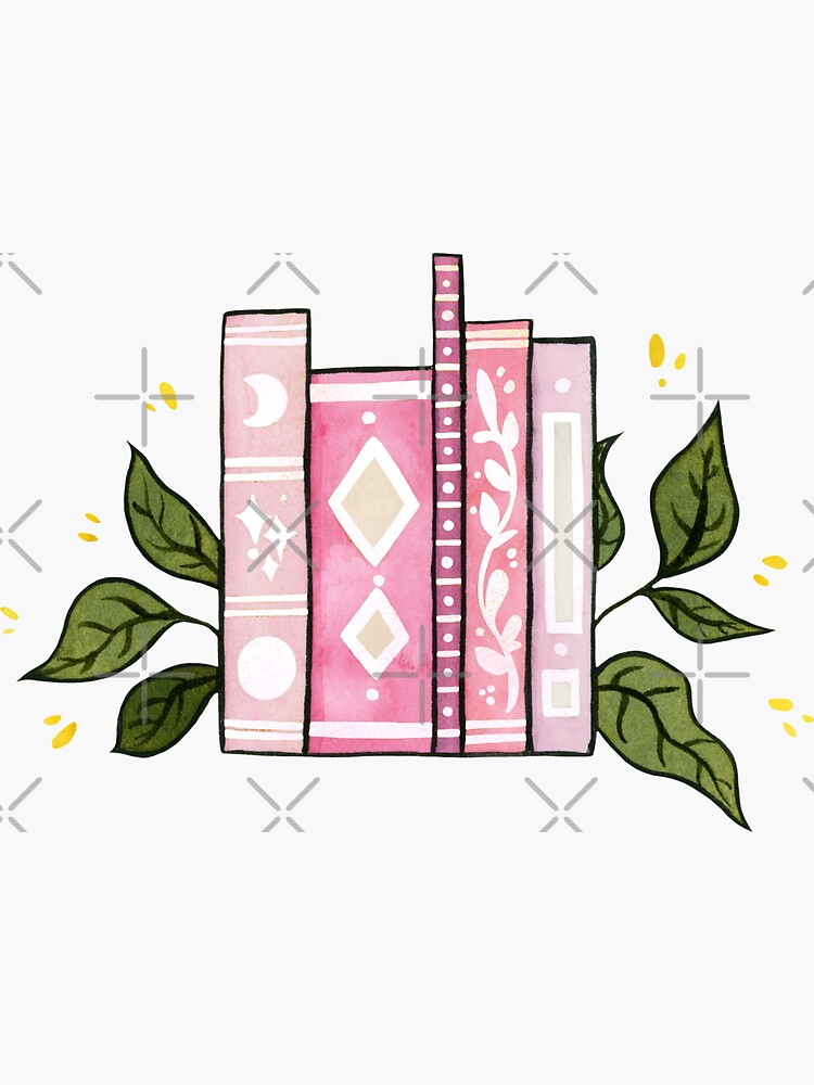 "Pink book spines with leaves" Sticker for Sale by ellenwilberg | Redbubble