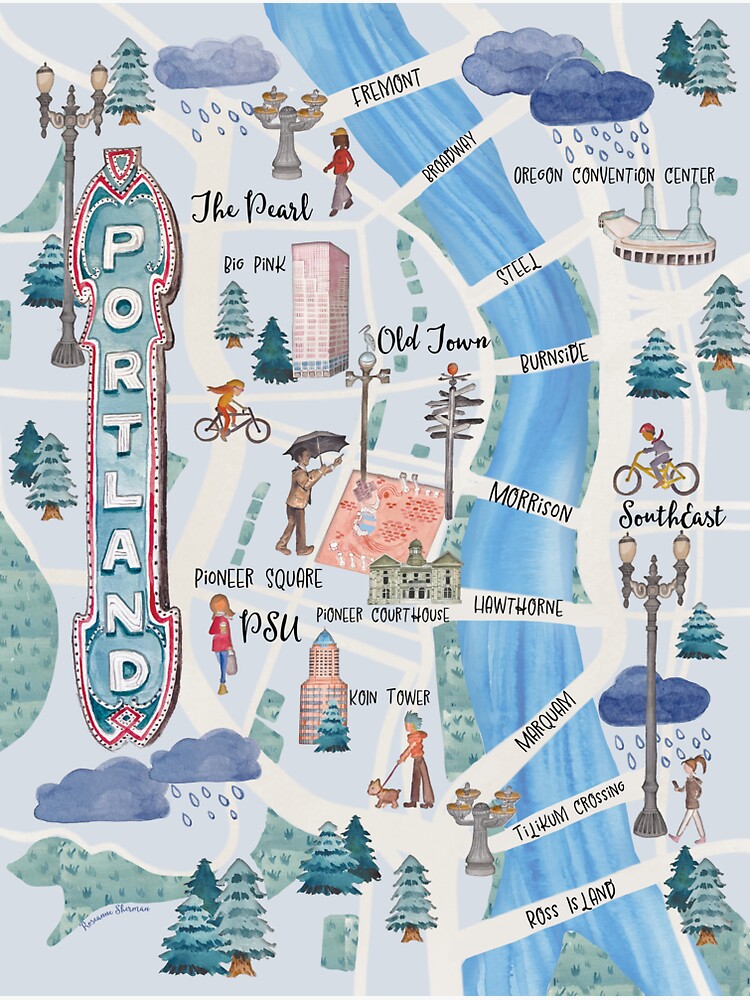 "Portland Illustrated Map (Square)" Sticker for Sale by roseannepaints ...