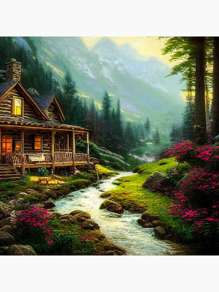 "Beautiful Country Mountain Cabin by Stream" Sticker for Sale by ...