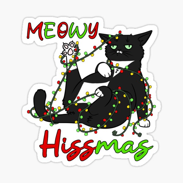 "Meowy Hissmas Christmas Tuxie Cat" Sticker for Sale by DanisGarbageArt ...