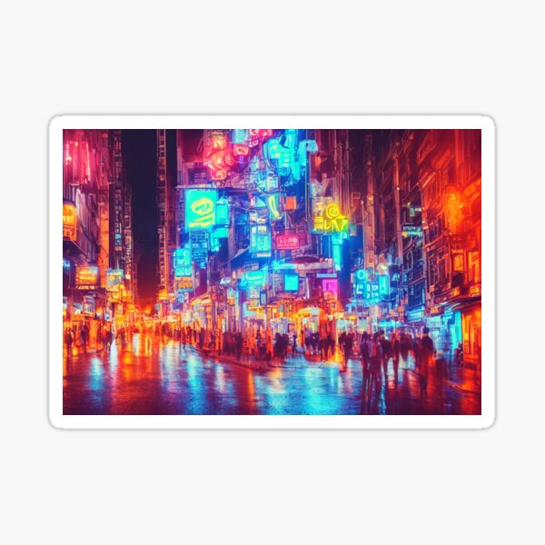 "Colorful Crowded Neon City Streets" Sticker for Sale by emuquah ...