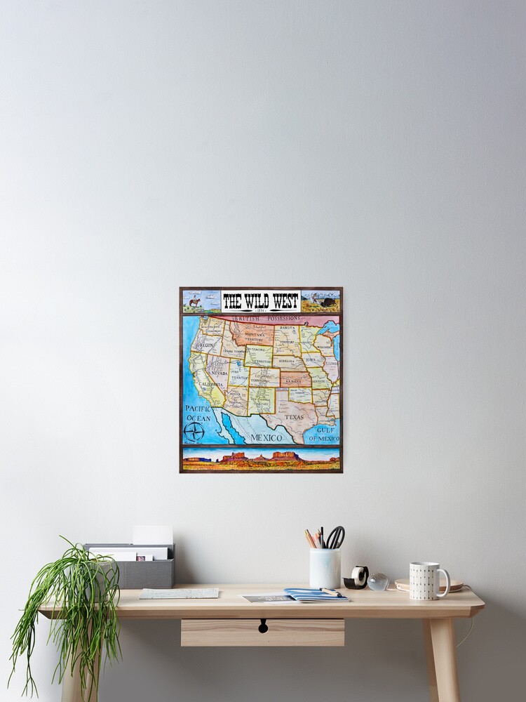 "Wild West Map; Western States; American Frontier 1874" Poster for Sale ...