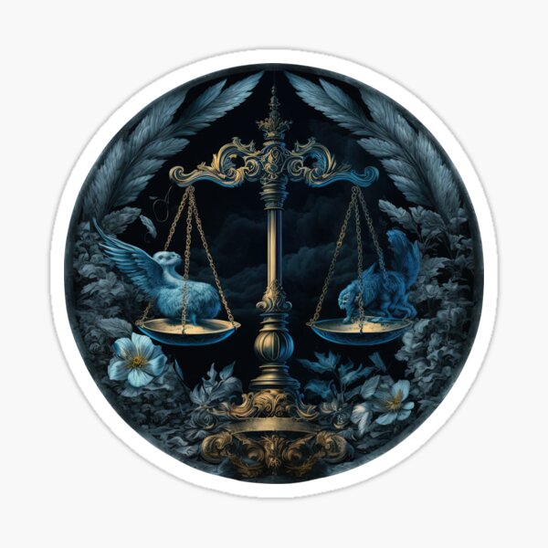 "Libra scales on blue with flowers, leaves and animals" Sticker for ...