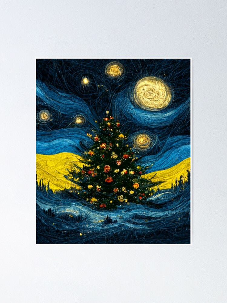 "Van Gogh Christmas Cat Painting Starry Night Remake" Poster for Sale ...