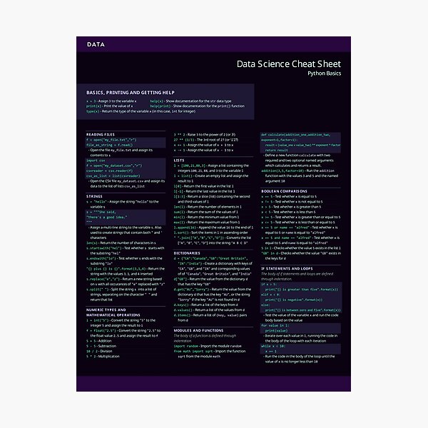 "data science cheat sheet,python " Photographic Print for Sale by ...