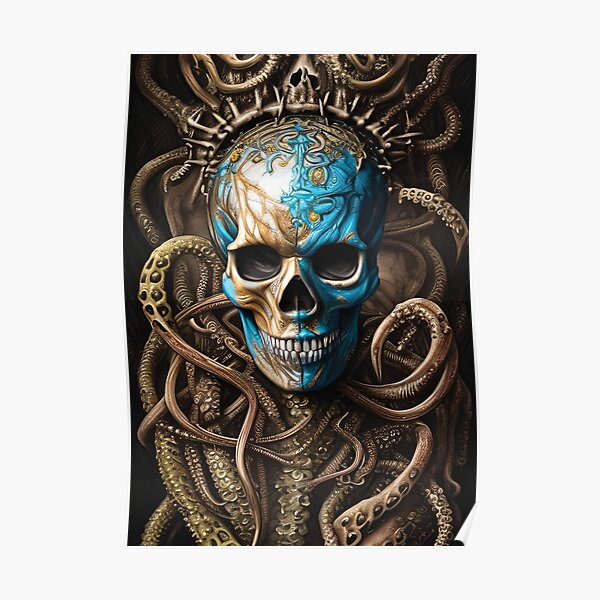 "Blue and Gold Skull | Skull and Tentacles Artwork | Armored Skull ...