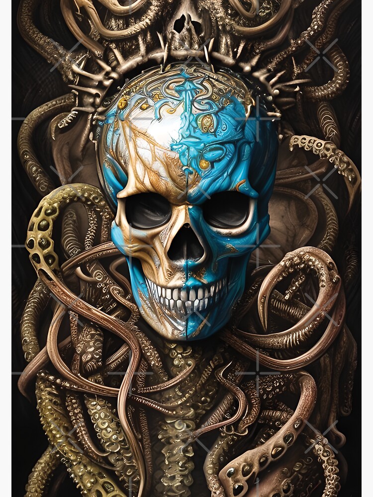 "Blue and Gold Skull | Skull and Tentacles Artwork | Armored Skull ...