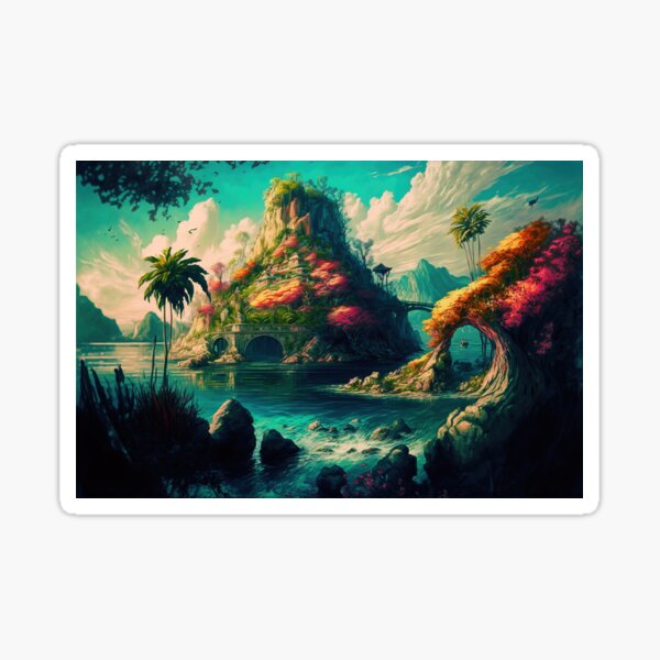 "Tropical Island Paradise Views Fantasy Landscape" Sticker for Sale by ...