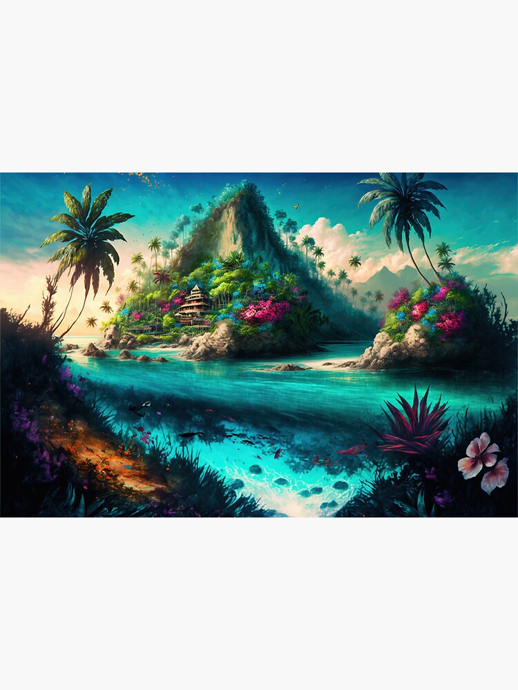 "Travel to a Tropical Island Paradise Fantasy Landscape" Sticker for ...