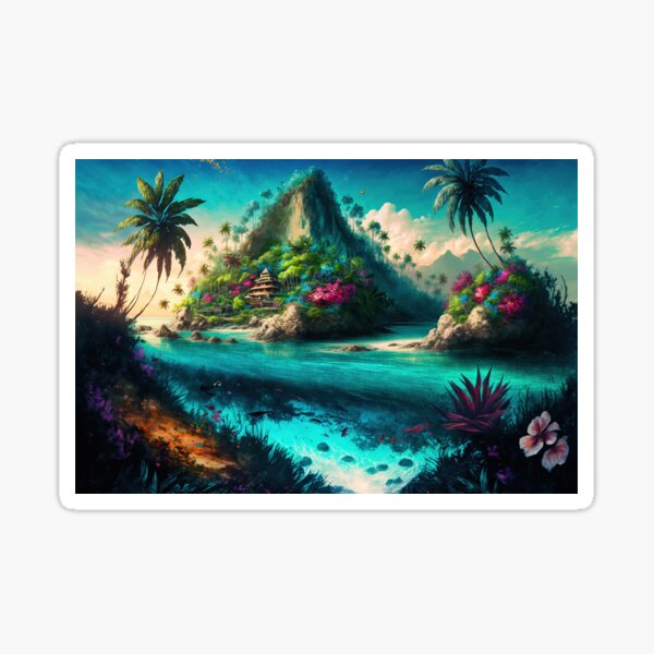 "Travel to a Tropical Island Paradise Fantasy Landscape" Sticker for ...