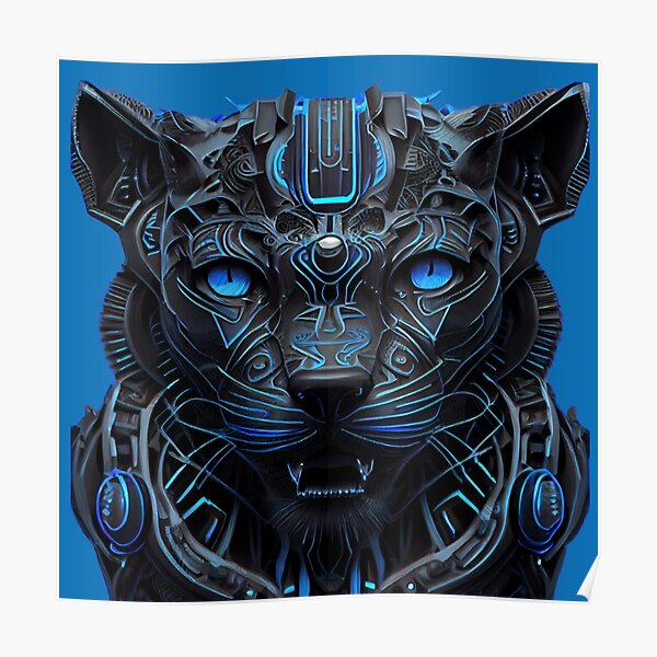 "Cyber Cat - Portrait Of A Futuristic Cyber Black & Blue Cat" Poster ...