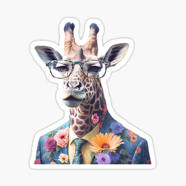 "Geek Giraffe with glasses wearing a suit from which colorful flowers ...