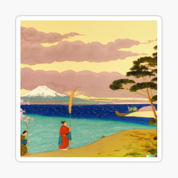 "Ukiyo-e Style Japanese Landscape with Mount Fuji" Sticker for Sale by ...