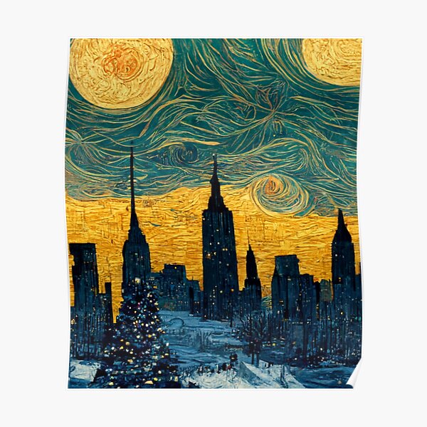 "Van Gogh Christmas In New York Painting Starry Night Remake" Poster ...