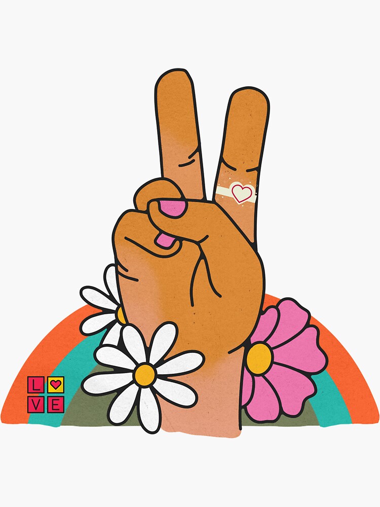 "Hand in the Peace Sign with Rainbow and Flowers" Sticker for Sale by ...