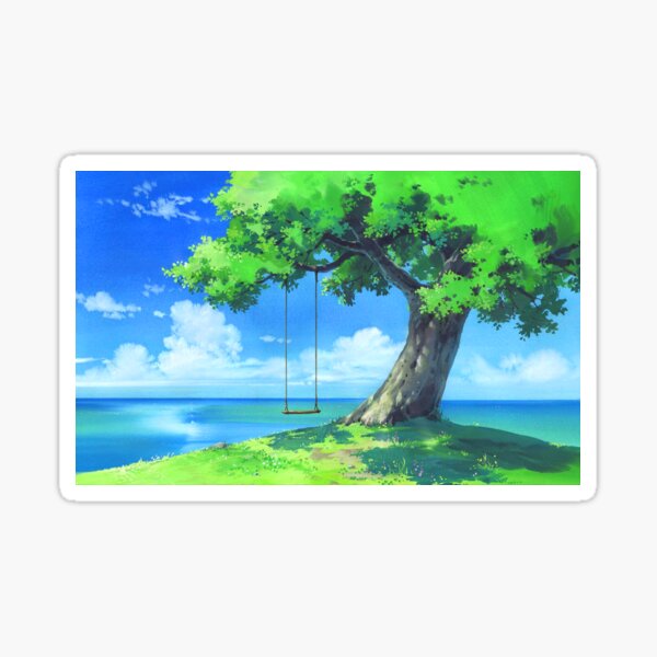 "Blue Anime Sky Ocean View Tree with Swing Scenery" Sticker for Sale by ...