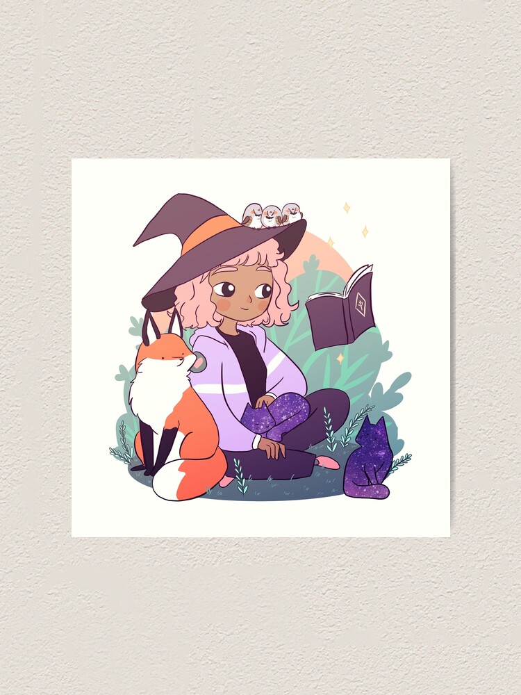 "witch with a floating book and animal friends illustration- fox space ...