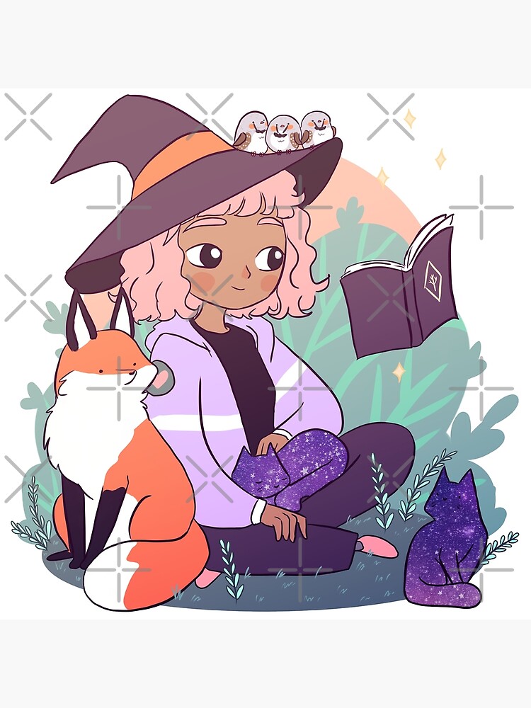 "witch with a floating book and animal friends illustration- fox space ...